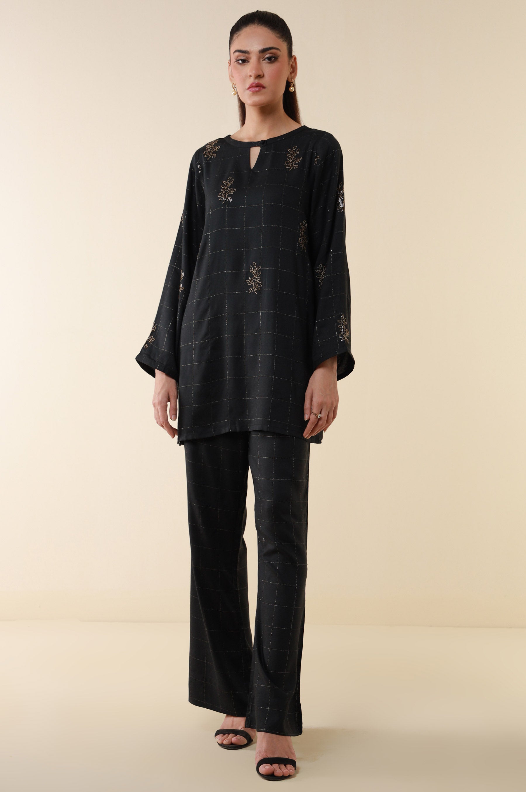 Stitched 2 Piece Embroidered Crepe Lurex Suit