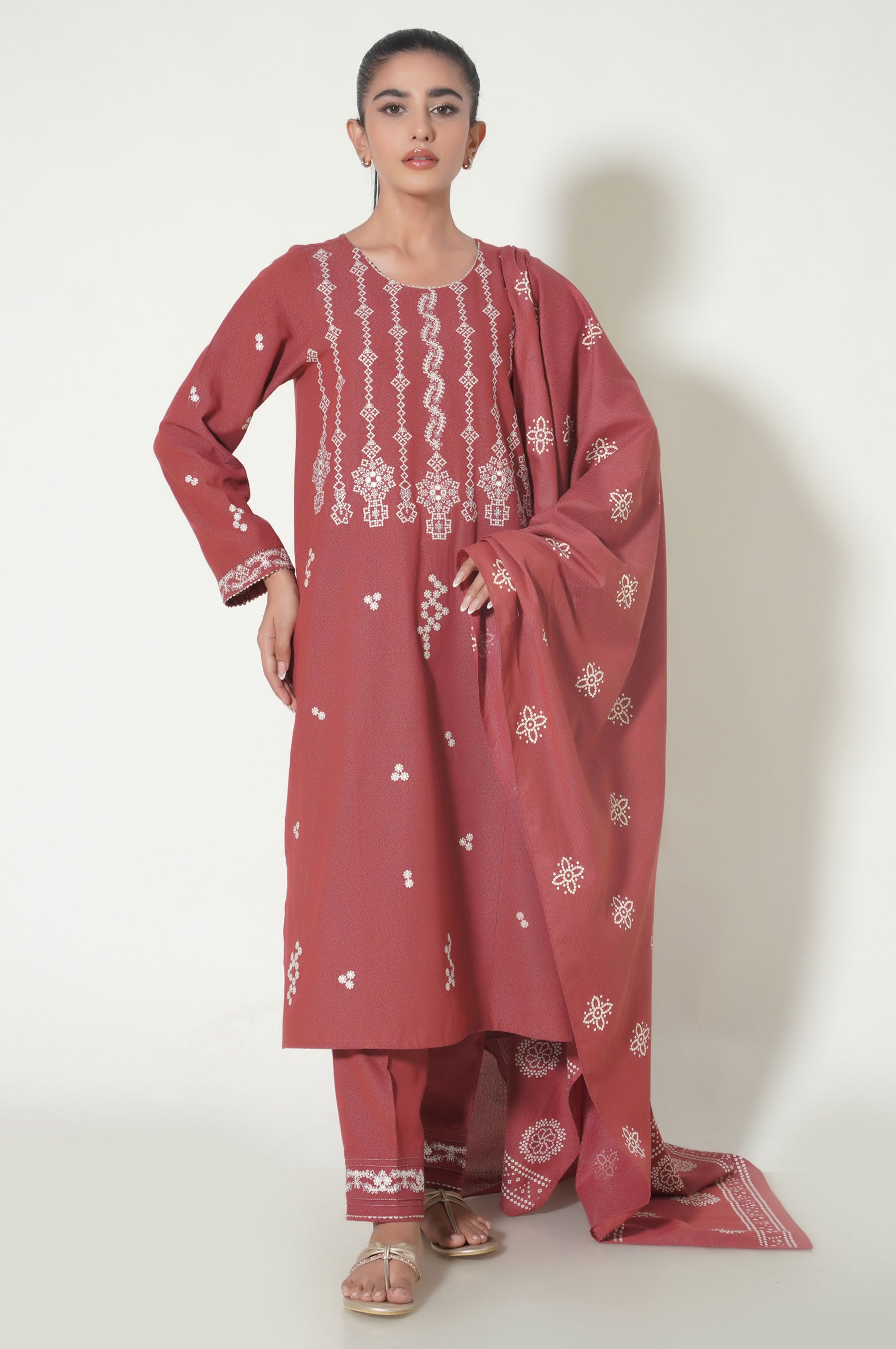 Unstitched 3 Piece Printed Karandi Suit