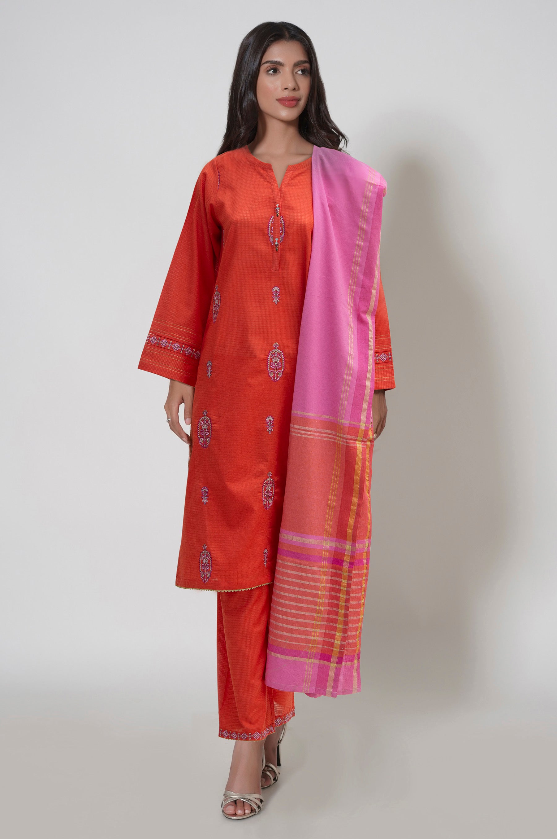 Unstitched 3 Piece Embroidered Micro Checks Suit