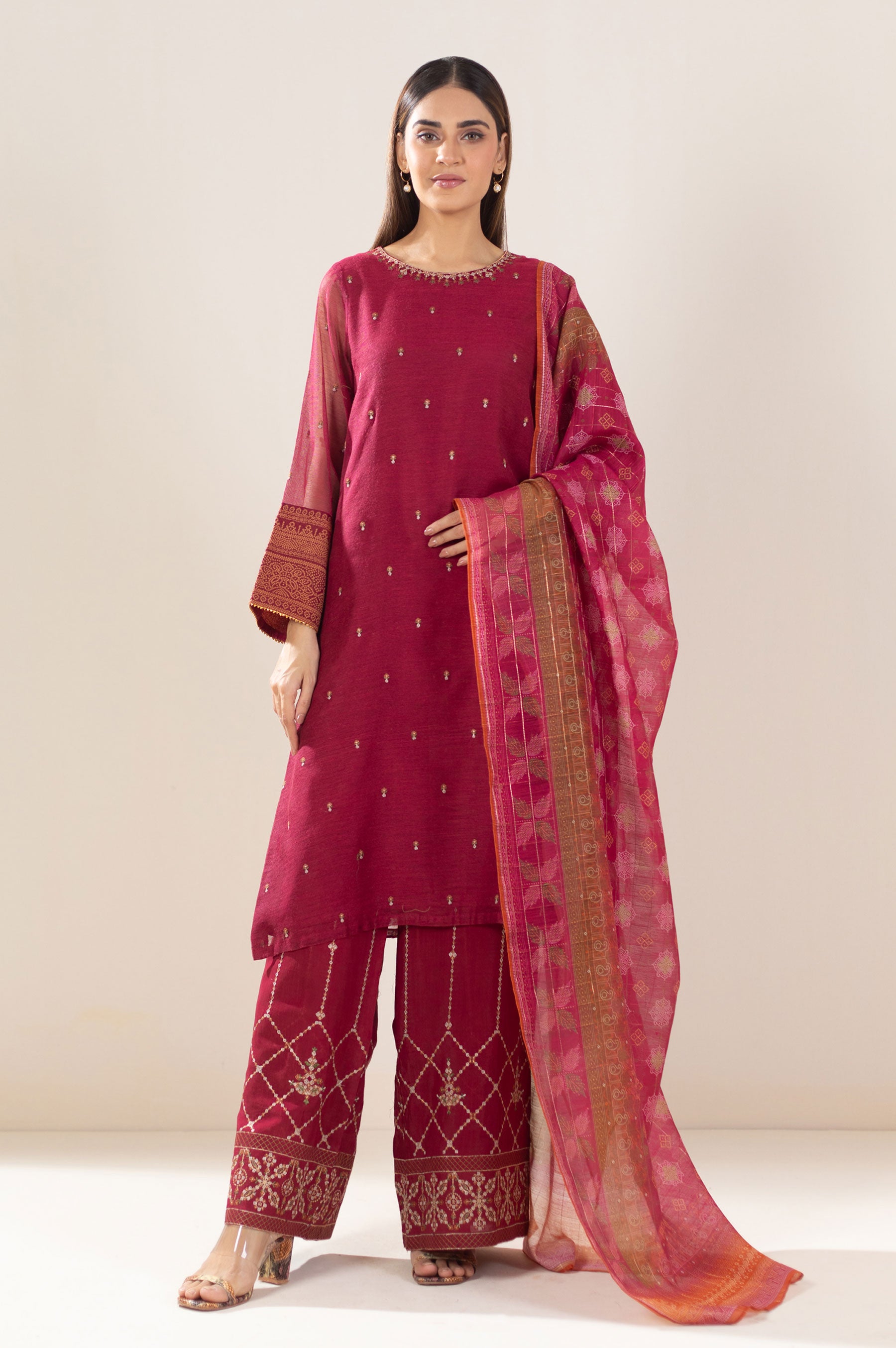 Unstitched 3 Piece Embroidered Khaddi Net Suit