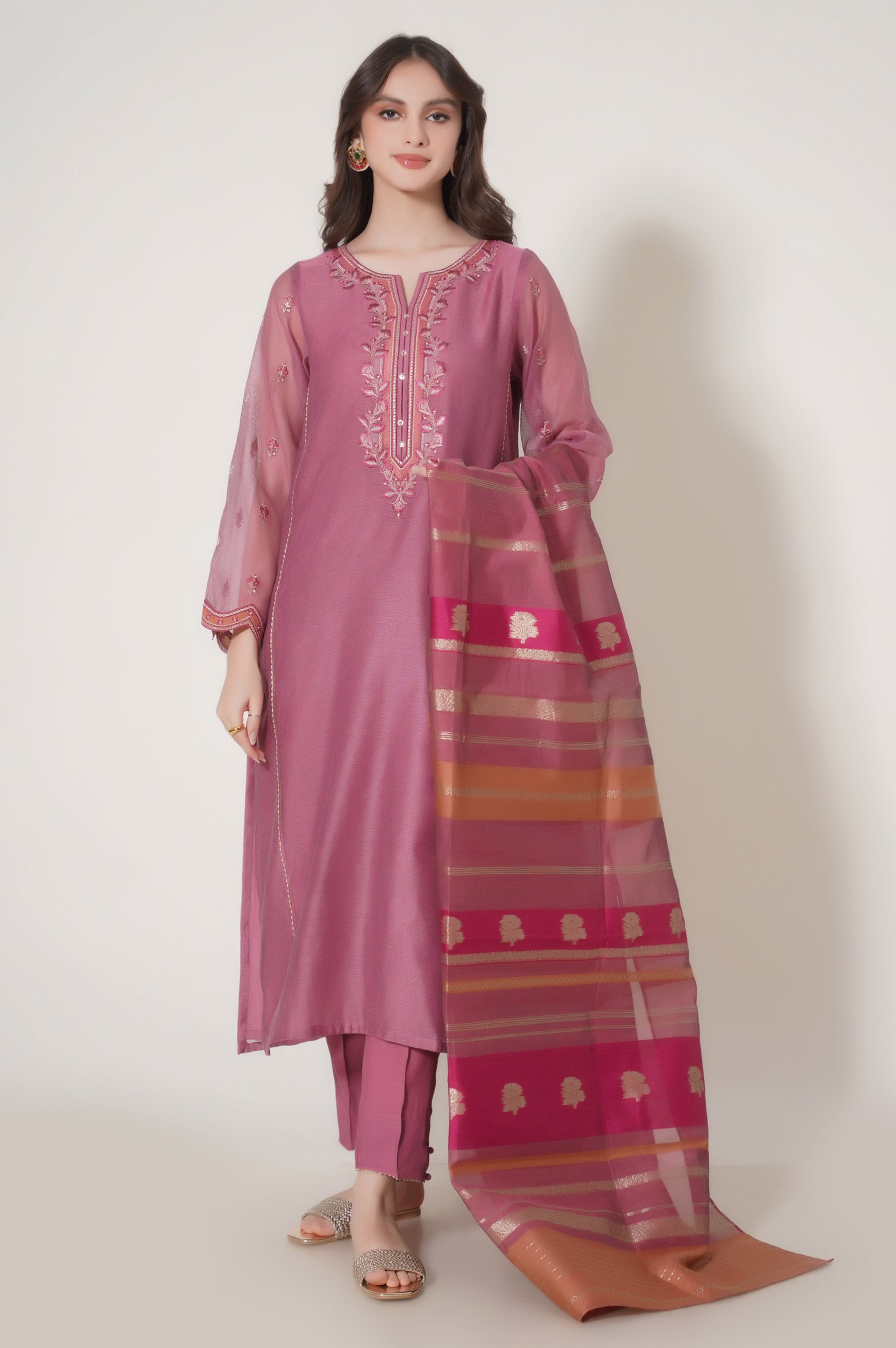 Stitched 3 Piece Embroidered Khaddi Net Outfit
