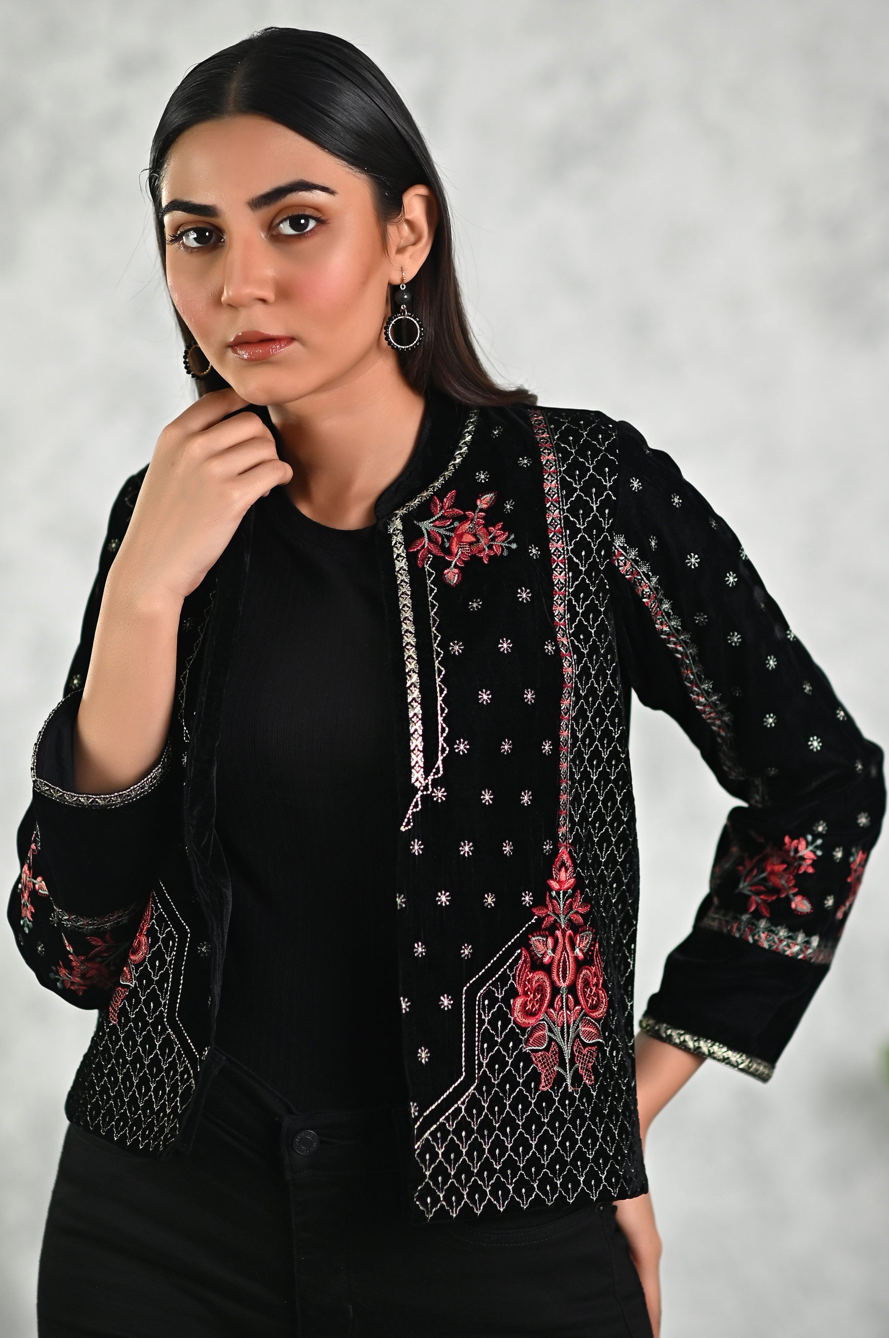 Stitched 1 Piece Embroidered Short Velvet Jacket – Zeenwoman