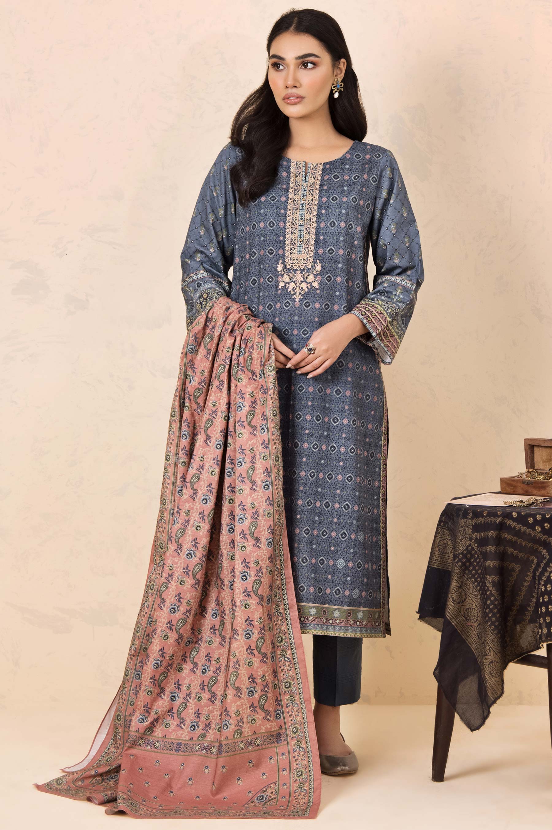 Stitched 3 Piece Embroidered Khaddar Suit